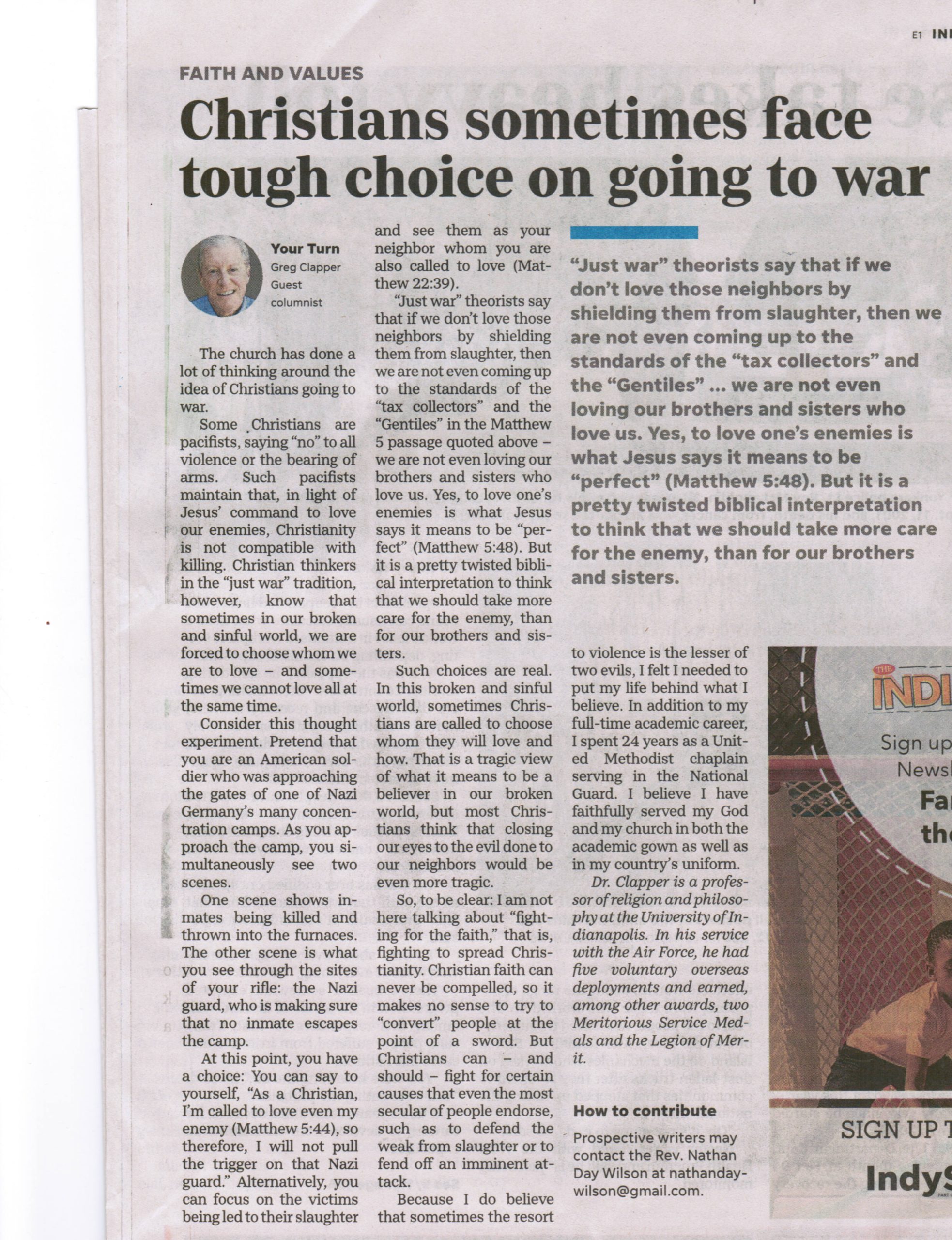 Greg Clapper column published in Indy Star - UIndy 360